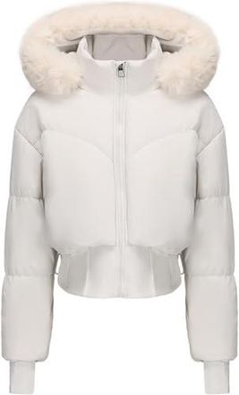 Generic Doudoune courte dhiver pour femme avec capuche en fausse fourrure et col montant avec fermeture éclair et poches, blanc, M