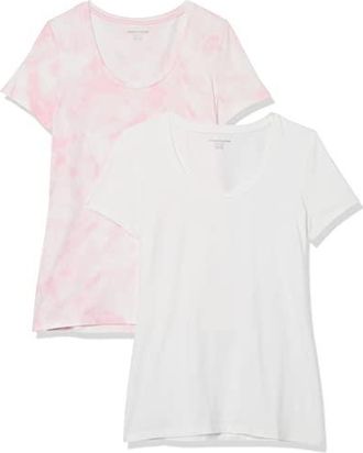 Amazon Essentials T-Shirt Col Rond à Manches Courtes, Coupe Classique (Disponible en Grande Taille) Femme, Lot de 2, Blanc/Rose Tie-dye, XXL