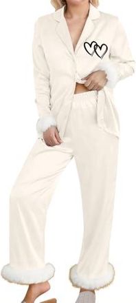 Generic Ensemble de pyjama d&eacute;contract&eacute; et confortable pour la Saint-Valentin 2026 pour femmes, chemise &agrave; manches longues, pantalon, deux ensembles, beige, L
