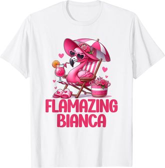 BDAZ Flamazing Bianca Pink Flamingo Tropical Beach Scene Damen T-Shirt