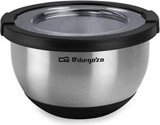 Orbegozo BOA 1500 Stainless Steel Bowl, 1.5 Litre, Non-Slip Silicone Base, Clear Plastic Lid, Dishwasher Safe
