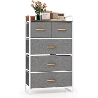 Costway Commode Chambre 5 Tiroirs, Meuble Tiroir Rangement Pliables en Tissu, Cadre en M&eacute;tal, Plateau en Bois, Chiffonnier pour Chambre denfant