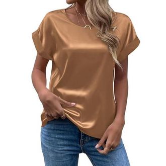 Generic Chemisier en satin de soie pour femme, col rond, manches courtes, tenue d&eacute;contract&eacute;e, haut &agrave; manches courtes, t-shirt &agrave; col rond, marron, XXL