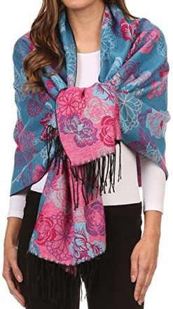 Sakkas CHS1810 Ontario Pashmina/Ch&acirc;le/P&egrave;lerine/&Eacute;tole Floral double couche avec bordure - 3-Aqua Rose - One Size