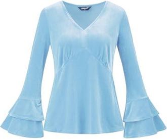 Allegra K Chemisier en Velours &agrave; col en V pour Femmes, Haut &eacute;vas&eacute; &agrave; Manches Longues et &agrave; Basque Bleu Clair XL