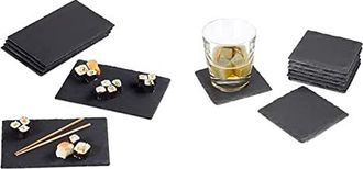 Relaxdays Schieferplatte 6er Set, 26 x 16 cm, zum Servieren & Beschriften, Buffet, Servierplatte rechteckig, anthrazit & grau Getränkeuntersetzer Schiefer 8er S