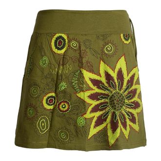 vishes Alternative Bekleidung - Au&szlig;ergew&ouml;hnlicher Damen Baumwoll-Rock mit Gro&szlig;er Gestickter Blume Olive 42-44