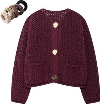 Generic Cardigan court pour femme, cardigan en tricot &eacute;pais ouvert sur le devant, cardigan dautomne &agrave; manches longues ouvert sur le devant, rouge vin, S