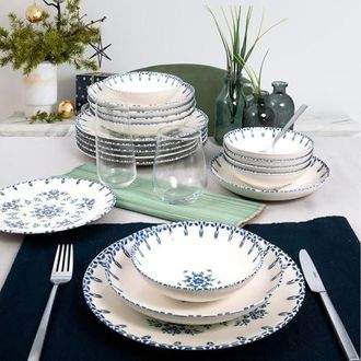 Hermia Elegant 24-Piece Dinner Set, 100% Porcelain, White & Blue | Includes Service Plates, Bowls, Dessert Plates | Dishwasher & Microwave Safe, Perfect for 