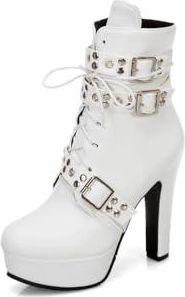 Generic Bottines Femmes avec Ceinturons À Boucles Cloutées Lacets Plateformes Talons Hauts Bout Rond Cuir Faux Bottes De Fête Punk De Mode,Blanc,35 EU