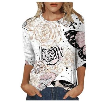 Generic T-shirt d&eacute;contract&eacute; pour femme avec imprim&eacute; floral, col rond, manches 3/4, coupe ample, Blanc., XXL