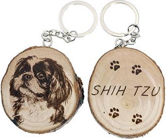Generico Porte-clés en bois naturel avec petit chien lion Shih Tzu, marron, Taille Unique