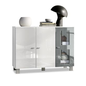 Vladon Sideboard Denjo, Made in Germany, Kommode mit 3 T&uuml;ren, Wei&szlig; matt/Wei&szlig; Hochglanz/Grau Hochglanz (107 x 81 x 35 cm)
