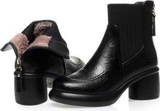 Generic Bottines Chelsea &agrave; talon &eacute;pais pour femme - Avec doublure chaude et &eacute;lastique - Bout rond, Noir &eacute;pais., 39.5 EU