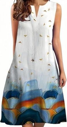 Ocean Plus Femme Robe dété Mi-Longue Décontractée Col en V sans Manches Grande Taille (XXL, Vagues de mer Oiseaux Volants)