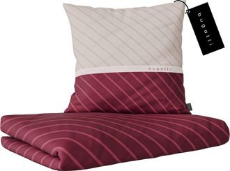 Bugatti Bettwäsche 140 x 200 cm - 100% Baumwolle, Reißverschluss, anschmiegsam, weich & waschbar, Mako Satinbettwäsche gestreift dunkelrot beige Österreich Gr