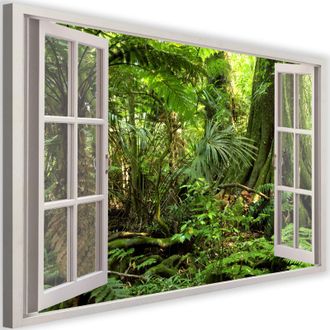 Feeby Bilder Fensterblick Dschungel Wald XXL 120x80 cm 1 Teilig Wohnzimmer Schlafzimmer B&uuml;ro Flur K&uuml;che Wandbilder Leinwandbilder Modern Bild auf Leinwand W