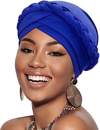 Dreshow Femmes Africaine Turban pré-noués Tresse Torsadée Bonnet Chimio Casquette de Perte de Cheveux Chapeau, Taille Unique, 1 pc Twisted Braid: Royalblue