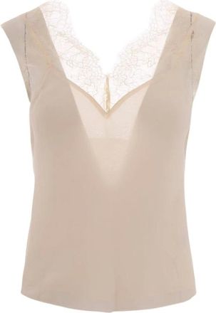 Patrizia Pepe Femme, Blouses et Chemises, Beige, Taille: 36 FR Top avec Bordure en Dentelle