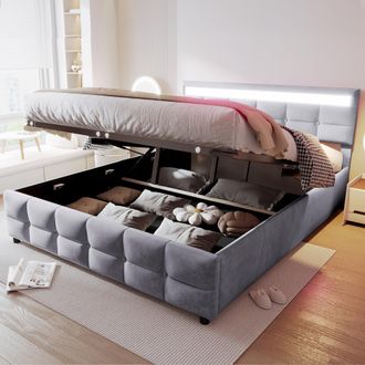 Merax Polsterbett 180&times;200 cm, mit LED-Beleuchtung, Lattenrost, Hydraulisches Bett mit Stauraum, Samtstoff, Grau (ohne Matratze)