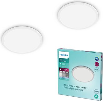 Philips LED Badezimmer Deckenleuchte Superslim (15 W), 3 Lichteinstellungen, kaltwei&szlig; Licht, dimmen ohne Dimmer, IP44 Schutz, wei&szlig;, 25cm, 2er Pack