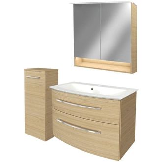 Fackelmann b.style Badm&ouml;bel Set mit Waschbecken mit Unterschrank 80 cm breit - Spiegelschrank Bad mit Beleuchtung und Midischrank in Holz braun