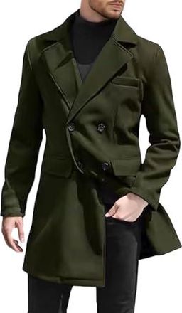 Generic Trench classique &agrave; double boutonnage pour homme avec revers crant&eacute; long et chaud pour lhiver, vert militaire, L