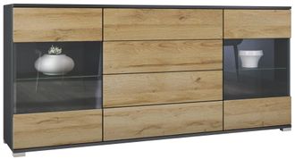 Vladon Sideboard Bari V2, Kommode mit 2 gro&szlig;en T&uuml;ren und 4 Schubladen, Anthrazit matt/Eiche Natur (166,5 x 75,5 x 35)