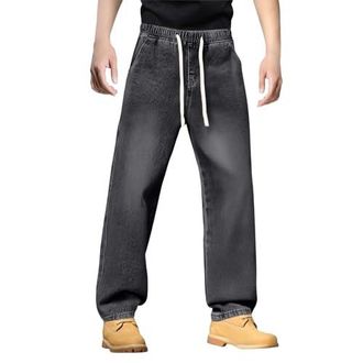 Generic Jean pour homme en tissu extensible &agrave; jambe droite classique d&eacute;contract&eacute; baggy jeans baggy taille &eacute;lastique poches cordon pantalon confortable coupe a