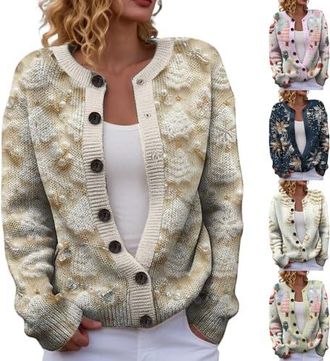 Generic HUIFUAO Pull de No&euml;l pour femme avec imprim&eacute; arbre de No&euml;l amusant - Cardigan tendance flocon de neige boutonn&eacute; &agrave; manches longues - Manteaux en tricot