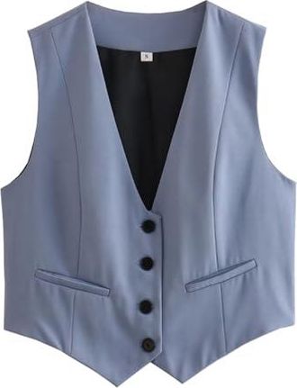 Generic Vestes pour femmes 2026 Veste de costume courte &agrave; col habill&eacute; boutonn&eacute;, bleu, L