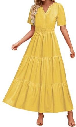 Generico Robe d&eacute;t&eacute; d&eacute;contract&eacute;e en coton pour femme avec manches bouffantes, col en V Robe de loisirs d&eacute;t&eacute; en ligne A avec volants et poches manches courtes et