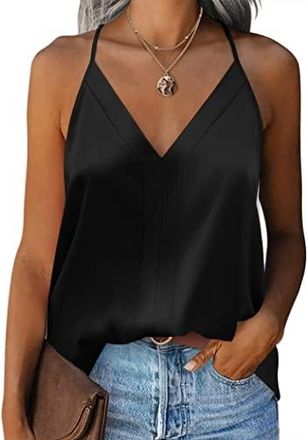 Zeagoo Debardeur Femme Satin Chic et Élégant Caraco Lâche Été Top sans Manche Bretelles Spaghetti Haut Sexy Col en V Camisole, Noir XXL