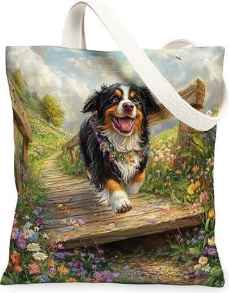 Generic Sac fourre-tout en toile motif chien de montagne bernois printanier 33 x 38,1 cm, sac d&eacute;picerie r&eacute;utilisable pour femme, motif floral amusant pour ani
