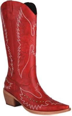Generic Bottes Femme Hautes Style Western Bout Pointu Talons Carrés avec Broderie Et Clous Tige Cuir Durable Confortables Enfilables Décontracté Quotidien Soi