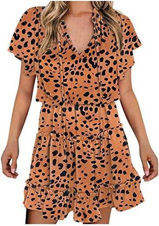 Generic Robes d&eacute;t&eacute; boh&egrave;me 2026 pour femmes, col en V, manches pliss&eacute;es, mini jupe tendance pour femmes, marron, M