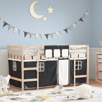 vidaXL Kinderhochbett mit Vorh&auml;ngen Wei&szlig; Schwarz 90x190 cm Kiefernholz Vidaxl