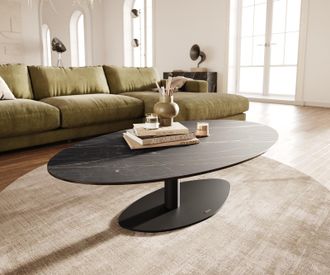 DELIFE Couchtisch Edge Oval 140x80 cm Keramik Laminam Noir Desir Braun Vibany Metall Schwarz, Couchtische