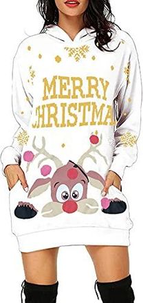 Generic Robe de Noël à capuche en tricot à manches longues pour femme Motif flocon de neige avec poches Merry Christmas, blanc, XXL