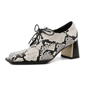 EDEFS Escarpins Richelieu Femme &agrave; Talon Bloc 6,5 cm Chaussures &agrave; Lacets Bout Carr&eacute; &Eacute;l&eacute;gantes Blanc Serpent EU35
