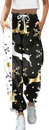 Generic Pantalon de costume de Noël amusant pour femme, imprimé de Noël taille haute avec motifs renne et bonhomme de neige, pantalon de survêtement ample à t