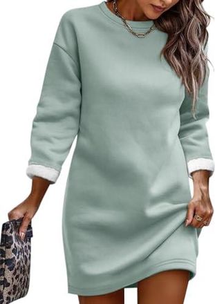 Minetom Sweat Polaire Femme Hiver Pull Robe Manches Longues Col Rond Sweatshirt Couleur Unie Doubl&eacute; Chaud Mini Robe Loose Casual Loungewear Robe A Vert Clair 