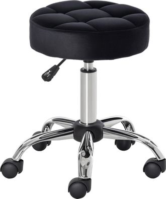 HOMCOM Salonstuhl mit R&auml;dern Rollhocker h&ouml;henverstellbar drehbar Salon Hocker Samt-Touch Schaumstoff Chrom-Basis Schwarz 35 x 35 x 49-61 cm