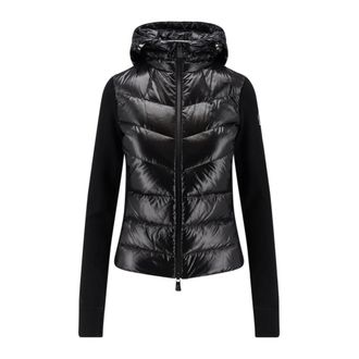 Moncler Schwarze Gesteppte Kapuzenjacke mit Logo - - Jackets - Damen - Schwarzk - S