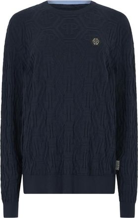 Philipp Plein Homme, Pulls, Bleu, Taille: XL Jacquard Round Neck Pullover Monogram