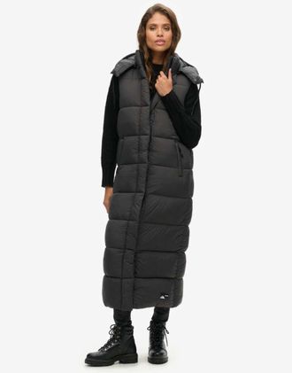 Superdry Longline-Weste aus Ripstop in Schwarz mit Gittermuster und Kapuze