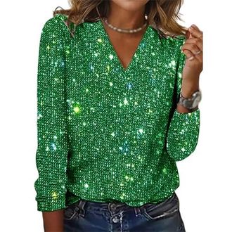 Generic Chemises pour le r&eacute;veillon du Nouvel An, col en V, manches longues, paillettes, haut &agrave; manches longues pour femme, Vert, 3XL