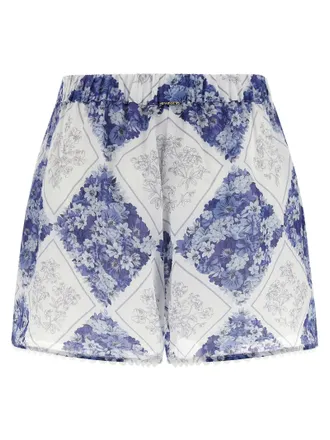 Twin-Set Floral Lozenge Print Ramie Shorts - Blue