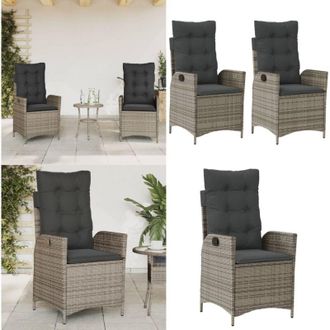 vidaXL Gartensessel mit Kissen 2 Stk. Verstellbar Grau Poly Rattan - Gartensessel - Sitzkissen