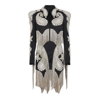 Balmain LS Robe Courte Brod&eacute; Orn&eacute;e de Cristaux - Femme - Robes - Noir - Taille: 36 FR